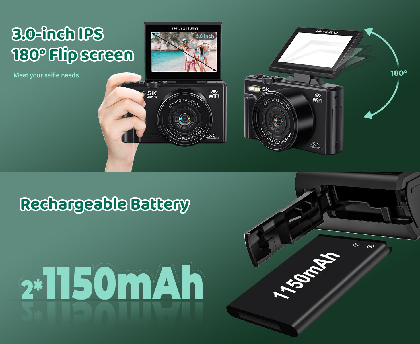 VETEK8-5K Digital Camera 75MP 180°Flip Screen Portable Camera Small 5K ...