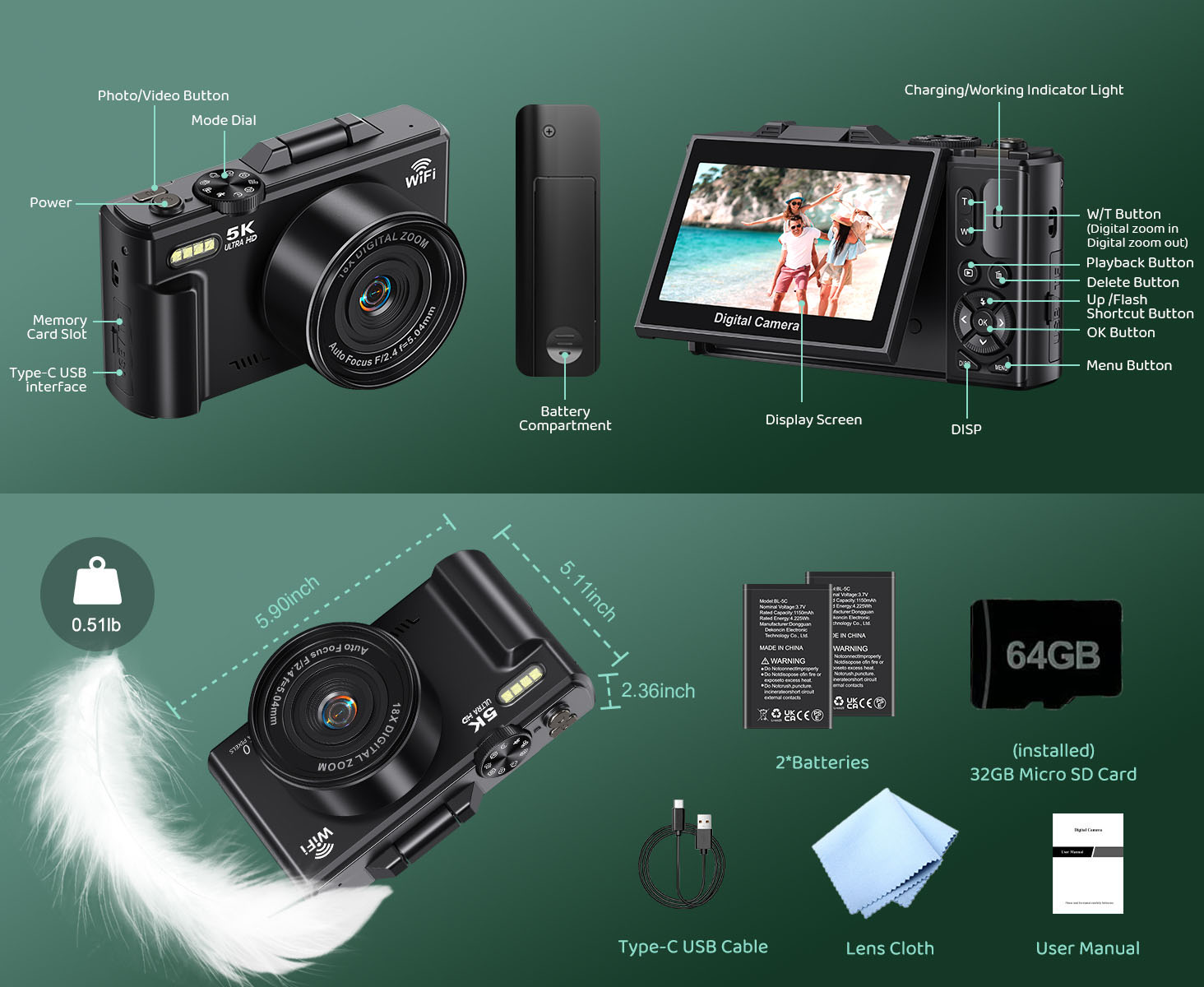 VETEK8-5K Digital Camera 75MP 180°Flip Screen 18X Auto Zoom Portable ...