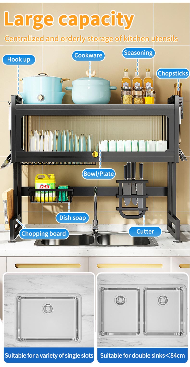 2-Layer Stainless Steel Tableware Rack with Lid 65/75/85/95/105cm Cross ...