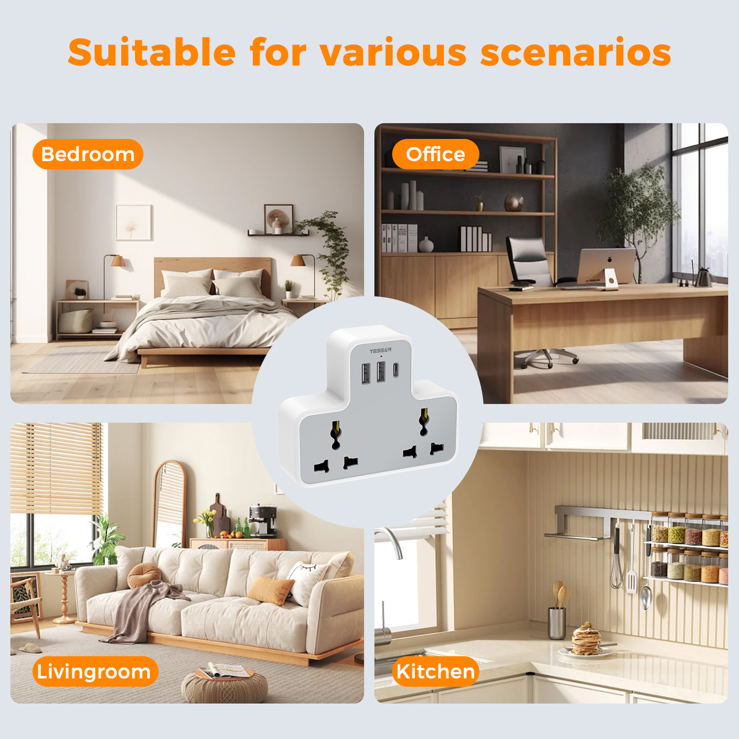 TESSAN Extension Plug 2-Pin to 3-Pin Universal Adapter Wall Socket Plug ...