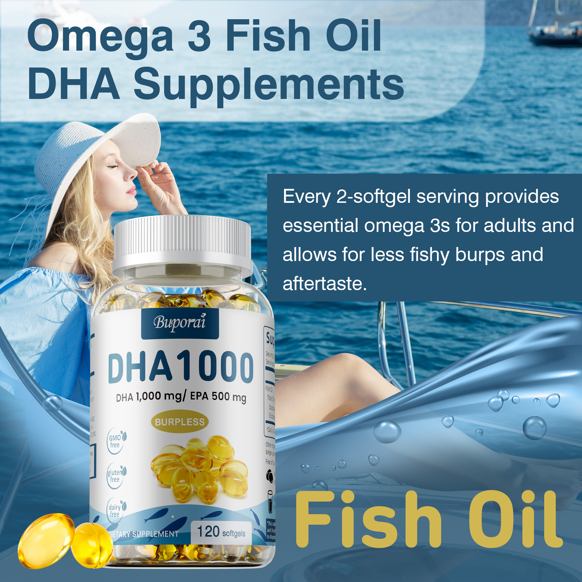 Fish oil DHA supplements 1000mg with EPA 500 USA, 30/60/ Capsules cream ...