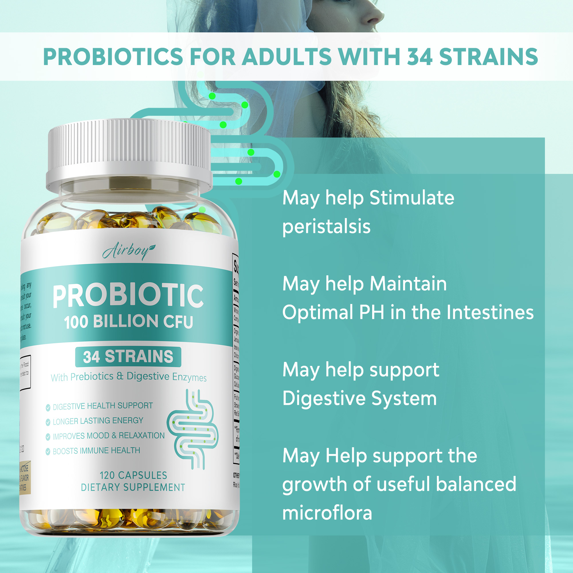 Probiotic Capsules, 34 strains of bacteria to enhance intestinal flora ...