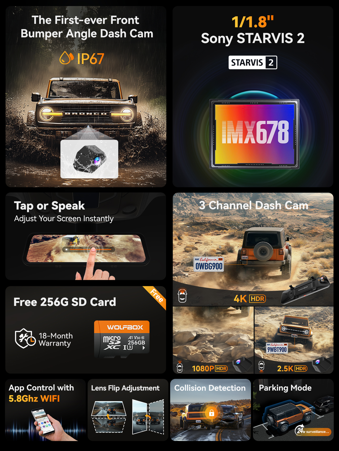 WOLFBOX G900 Tripro Bumper Version 3 Channel 4K Mirror Dash Cam, STARVIS 2 IMX678 Night Vision ...