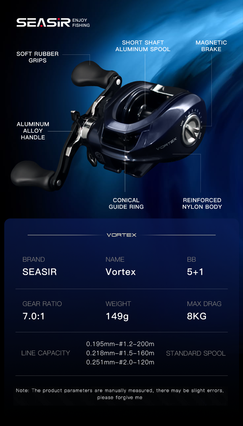 Seasir Vortex Baitcasting Fishing Reel 7.0:1 High Speed Gear Ratio 5+1BB Max Drag 8kg Fresh ...
