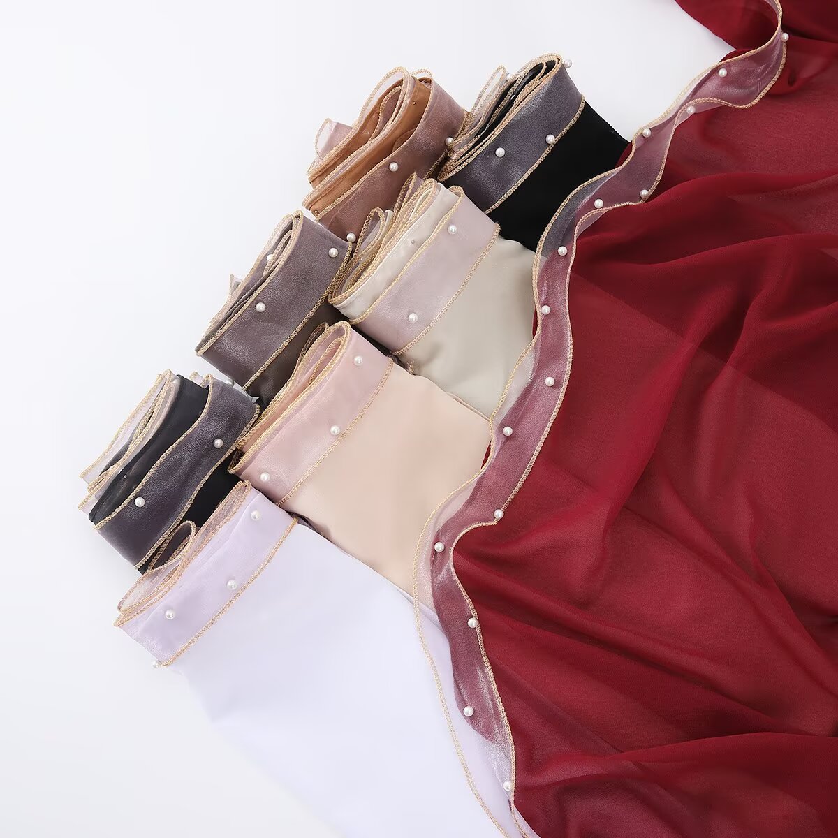 Jifang Pearl Beads Ribbon Plain Bubble Chiffon Shawl Manik Pashmina ...