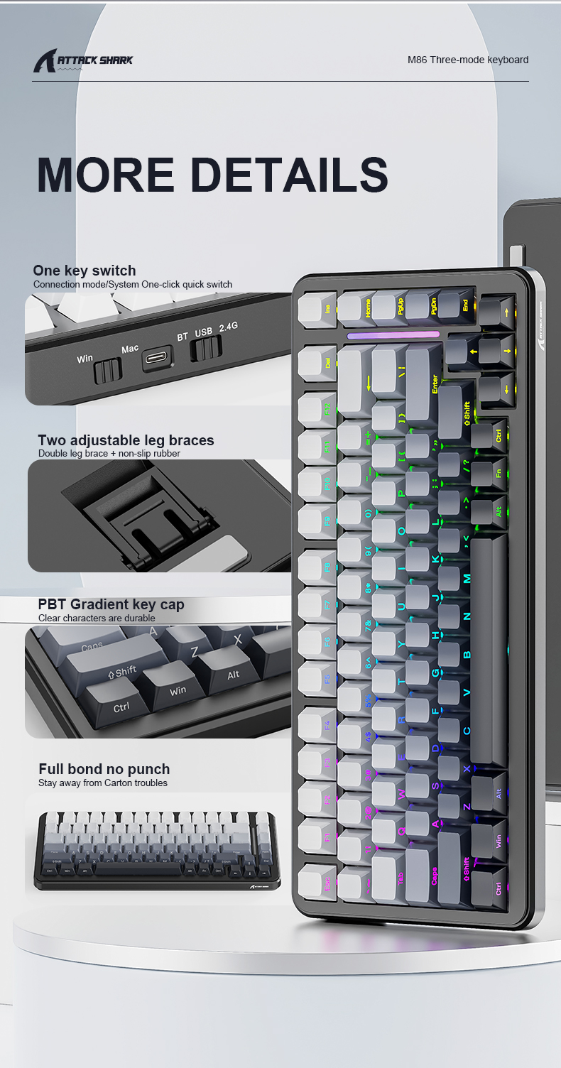 Attack Shark M86 Wireless Mechanical Keyboard 75% Hot swappable RGB GASKET Custom Gaming ...