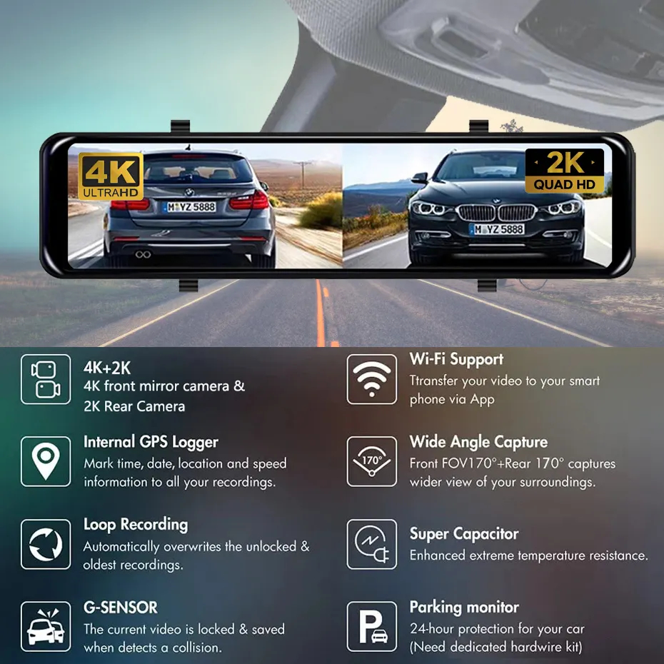 EKLEVA 12 Inch 4K + 2K Car Dvr WIFI Mirror Dash Cam Dual Lens Dashcam Drive Stream RearView ...