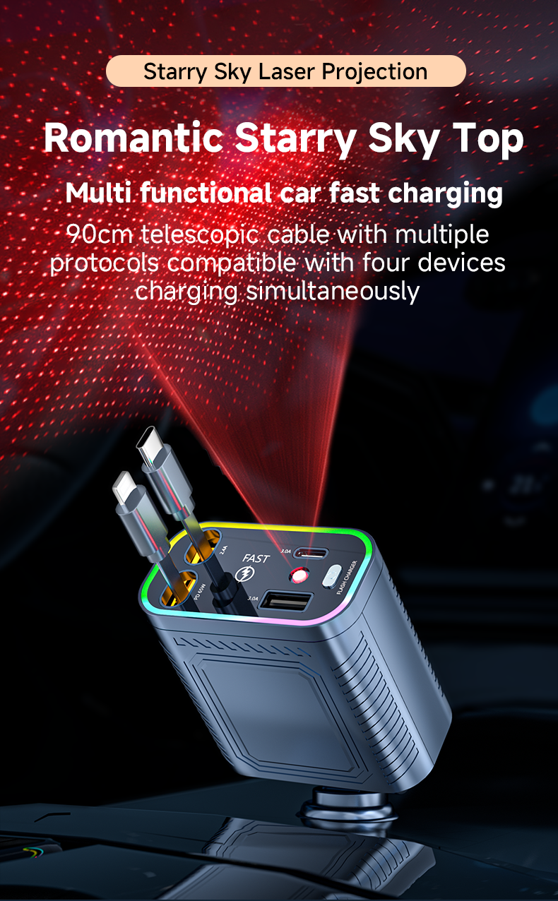 【MY STOCK】Retractable 4-in-1 Fast Car Charger with Starlight Ceiling Projection 120W Super Fast ...