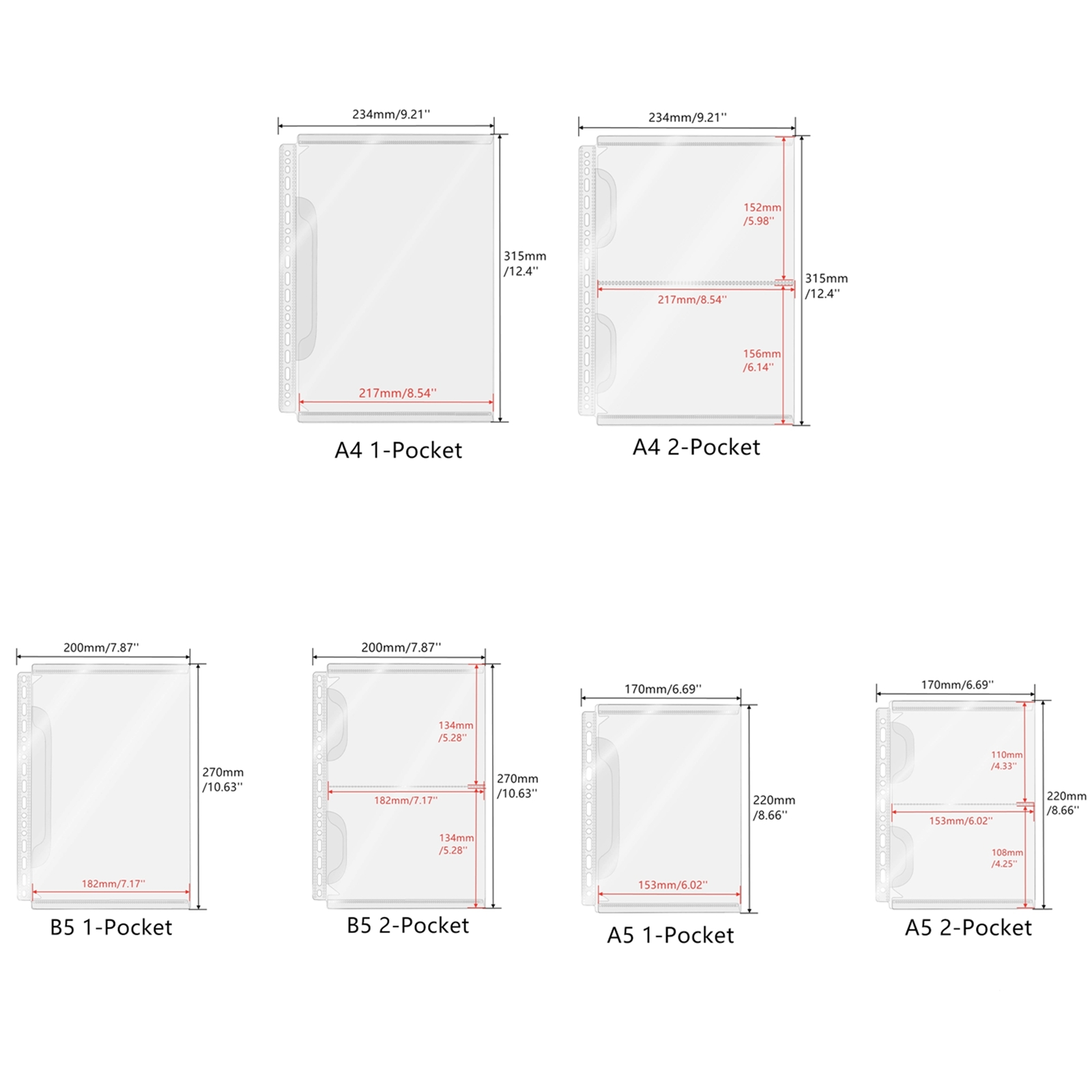 6pcs A4/A5/B5 Binder Pockets 1-Pocket and 2-Pocket Clear Sheet ...