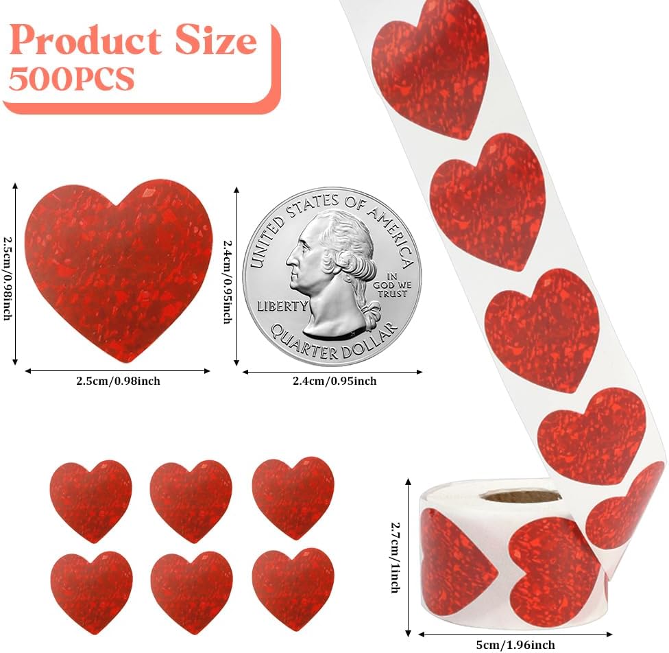 500pcs 1" Red Heart Stickers Roll - Self-Adhesive Love Decorative ...