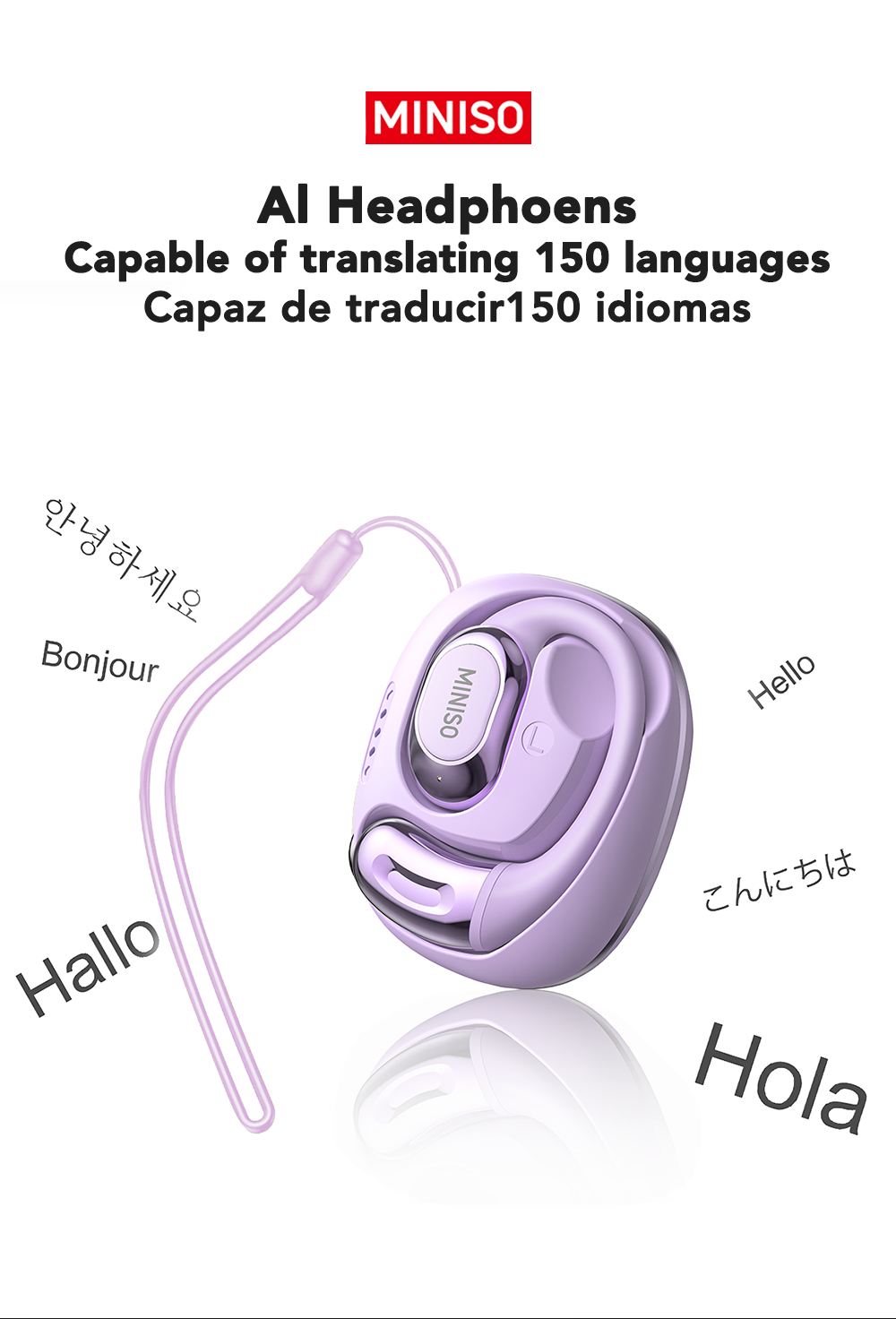 MINISO MS156 AI Translator Earbud Open Ear Earphone Bluetooth 5.4 Face ...