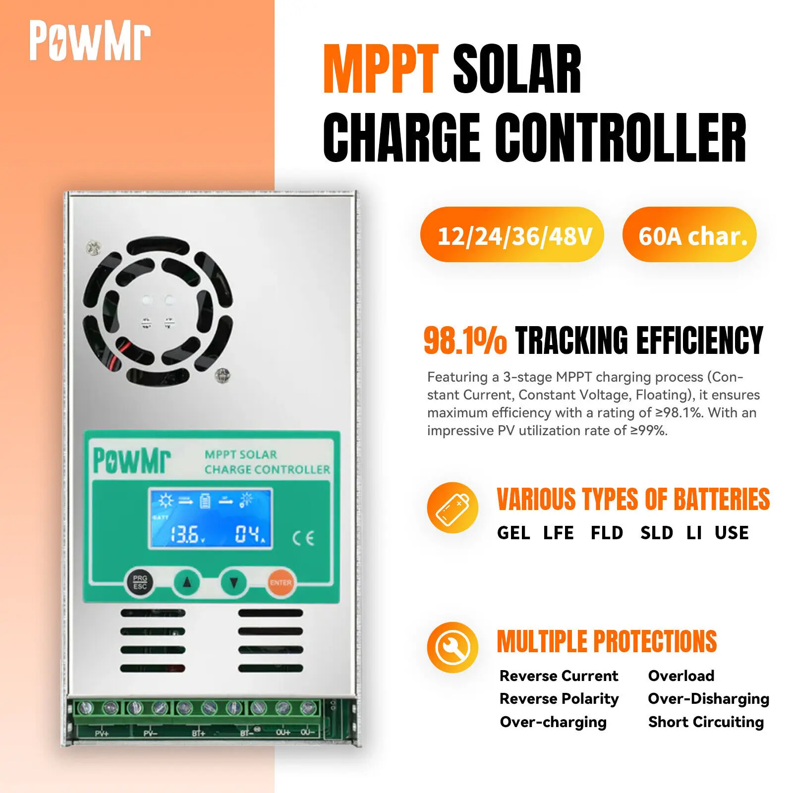 【Local Delivery】PowMr MPPT 60A Solar Charge Controller 12V/24V/36V/48V Auto Identification Solar ...