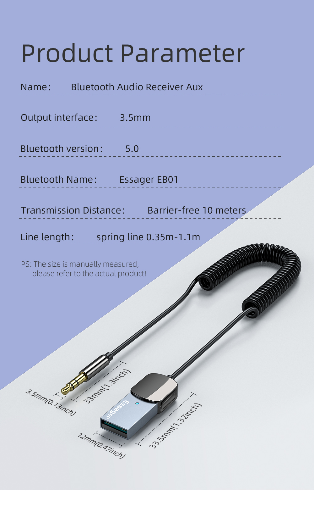 Essager Wireless Audio Receiver Adapter Bluetooth 5.0 Aux Usb To 3.5mm ...