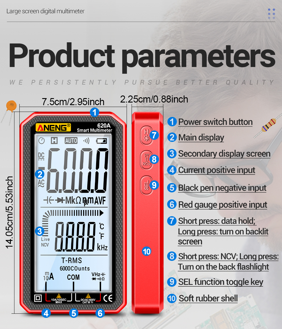 ANENG 620A Digital Multimeter - 6000 Counts True RMS with Drop-Proof ...