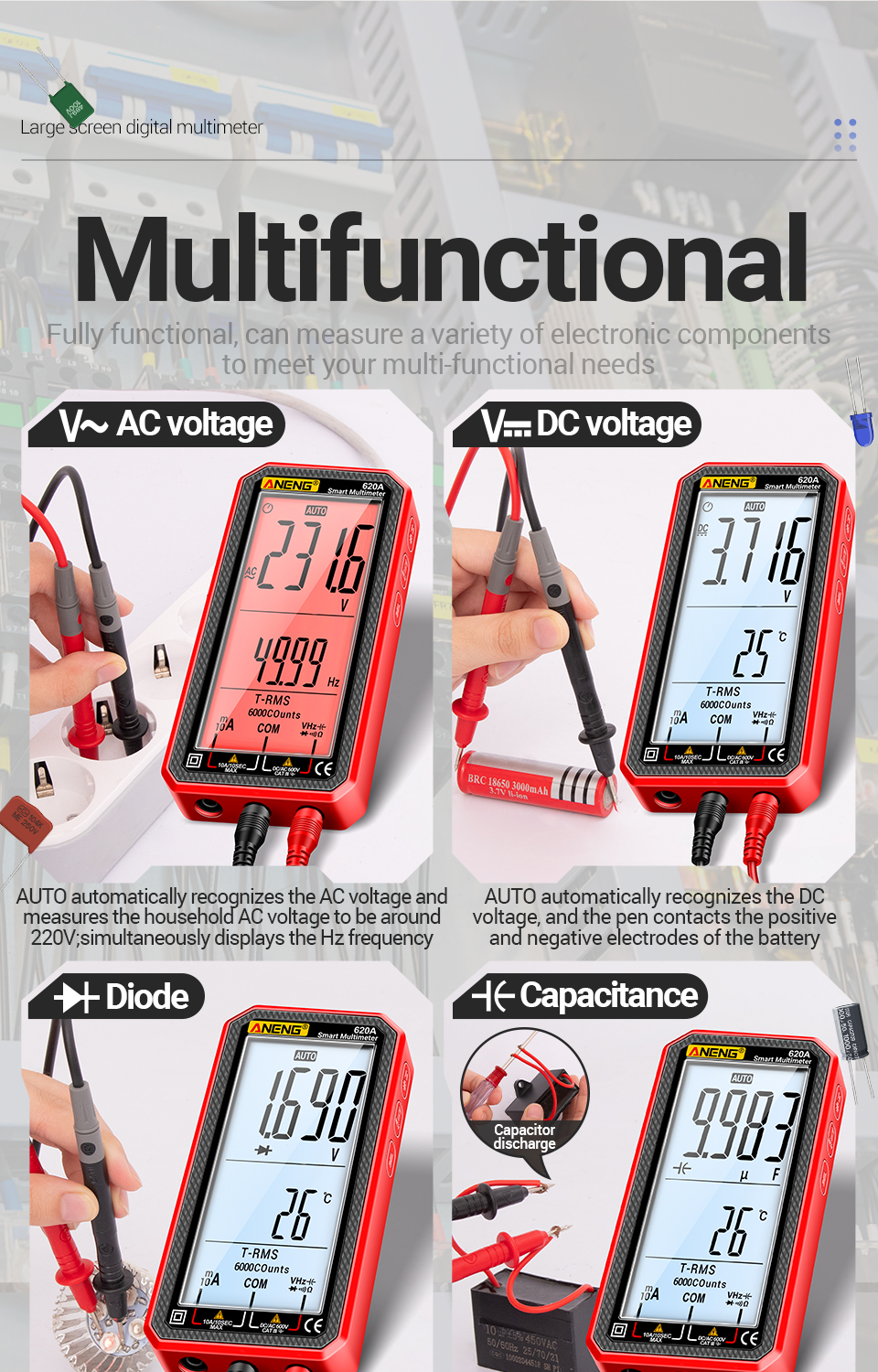 ANENG 620A Digital Multimeter - 6000 Counts True RMS with Drop-Proof ...