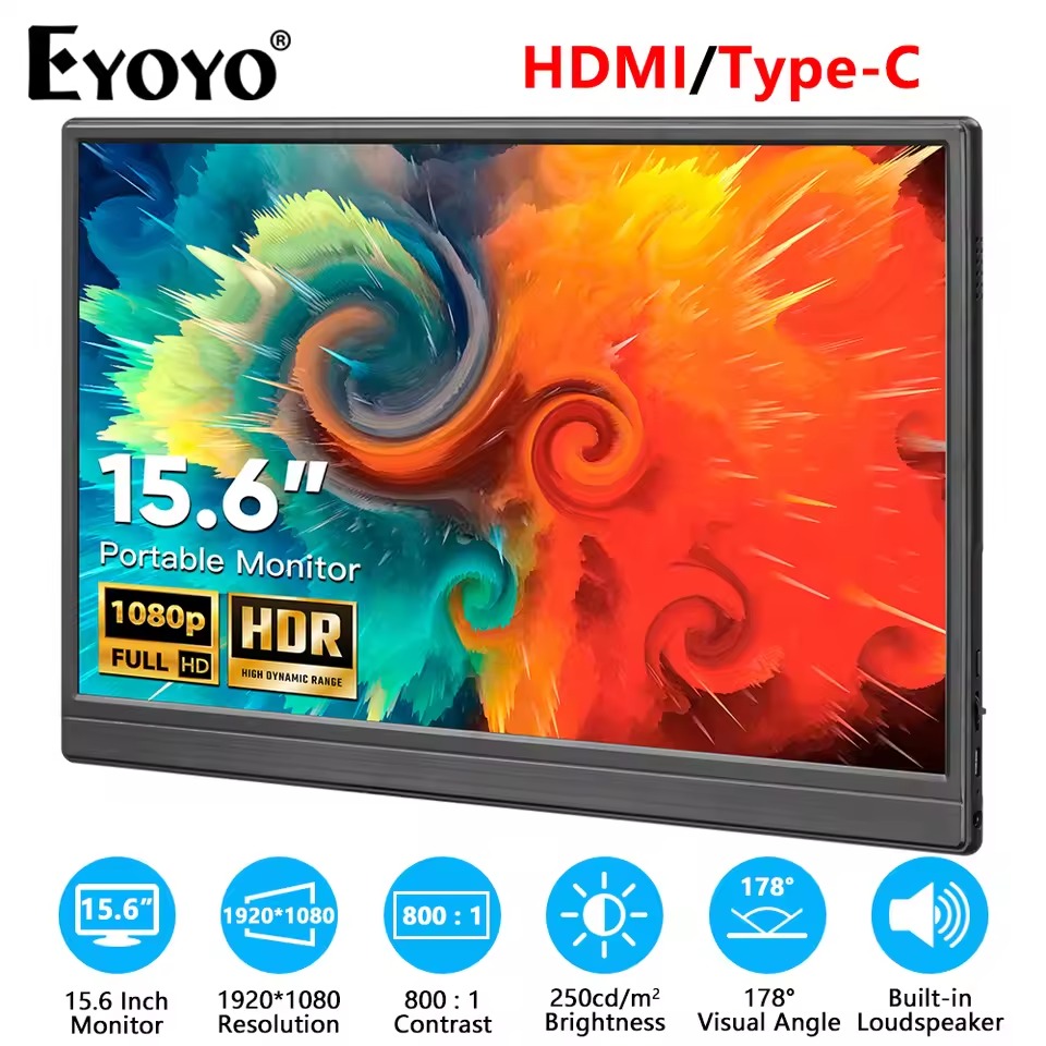 Eyoyo 15.6 Inch Portable Monitor HDMI Type-C 1080P HDR IPS Screen Dual ...