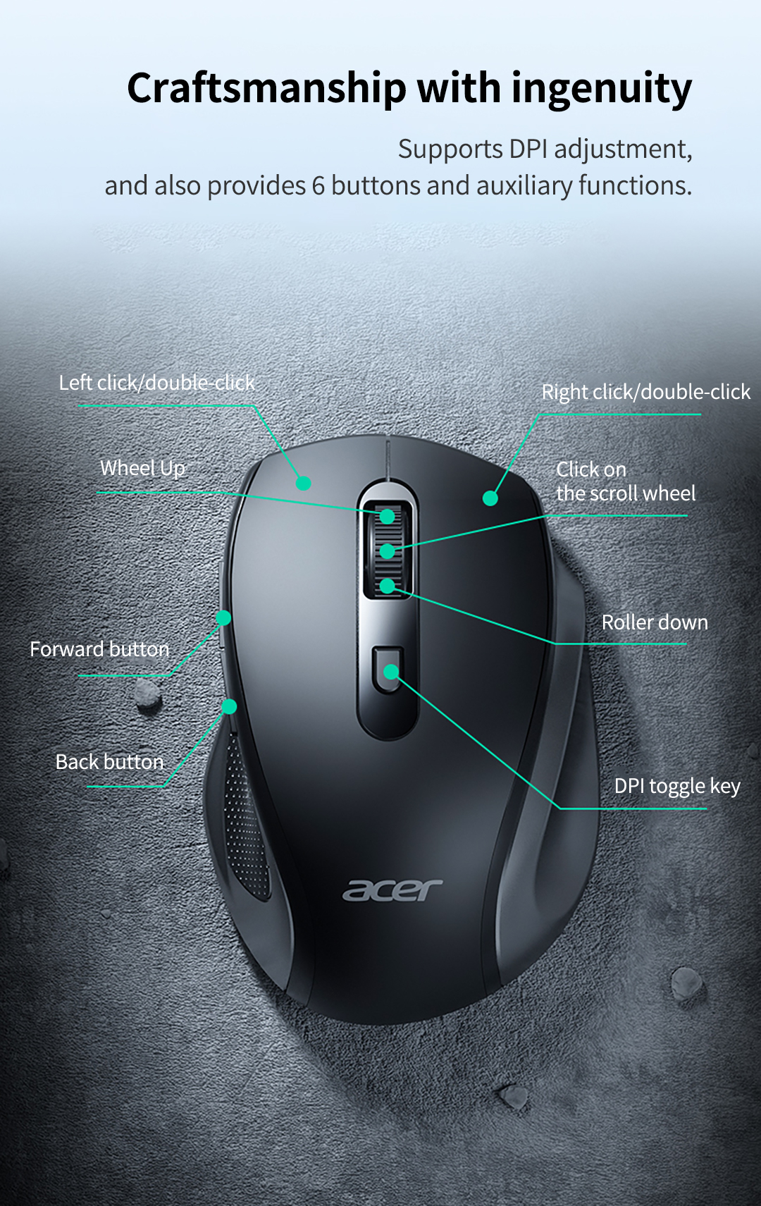Acer L173-BH Wireless Mouse 2.4G Connection with 6 Customizable Buttons ...