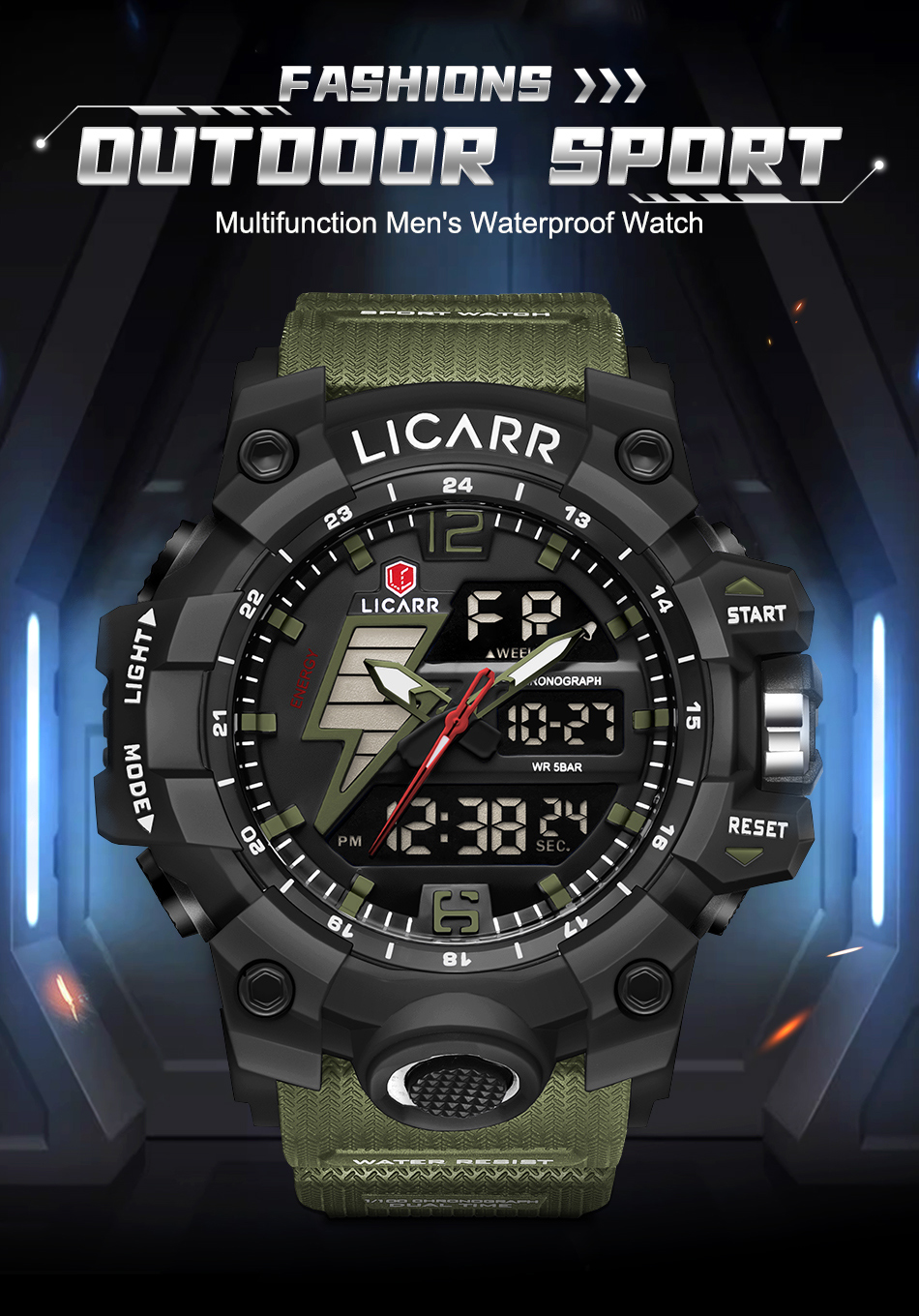 LICARR Dual Display Brand Men's Watch Alarm Calendar Sports Waterproof ...