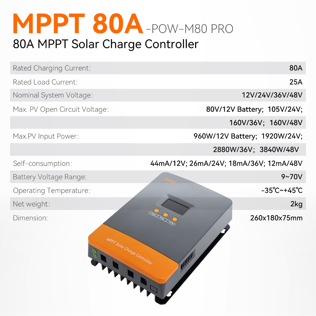 【Official Store】PowMr MPPT 80A Solar Charger Controller 12V/24V/36V/48V Automatic LCD Backlight ...