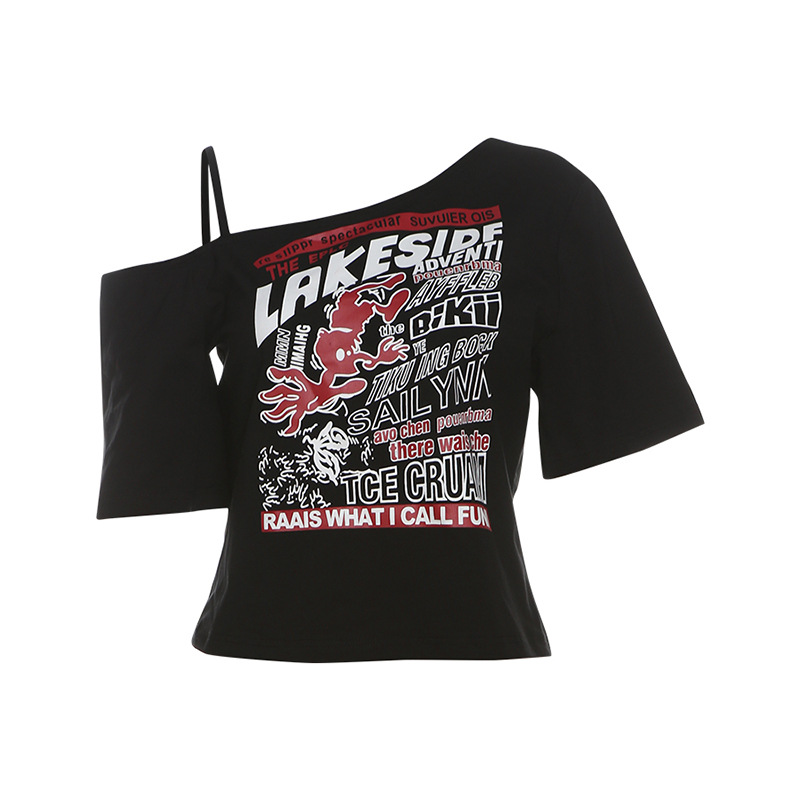 Y2k Gothic Off Shoulder T-shirt Women 2025 Summer Punk Harajuku Sexy ...