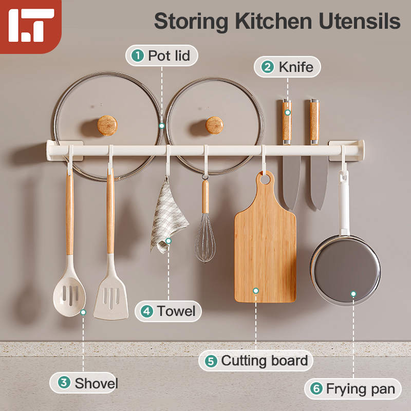 Kitchen Hanging Rack with Hooks Wall Mounted Rod Hanger Cutlery Rack ...