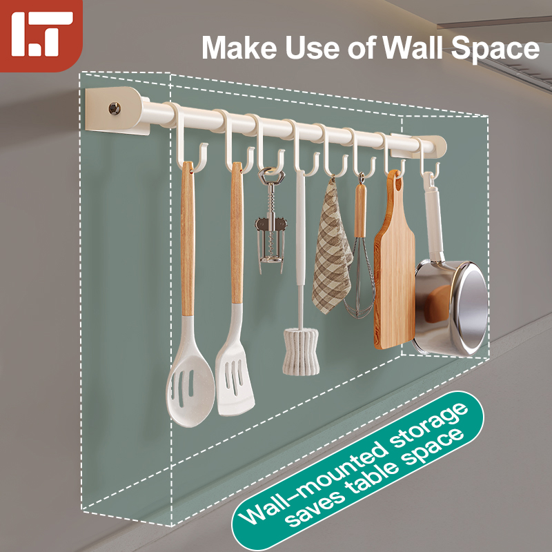 Kitchen Hanging Rack with Hooks Wall Mounted Rod Hanger Cutlery Rack ...