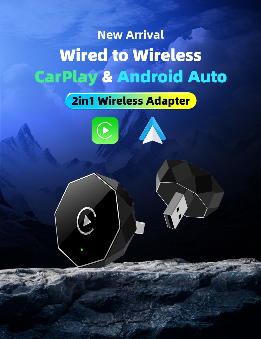 EC14-ZS Wireless Carplay Adapter For iPhone Android Auto 2 in1 Wired to ...