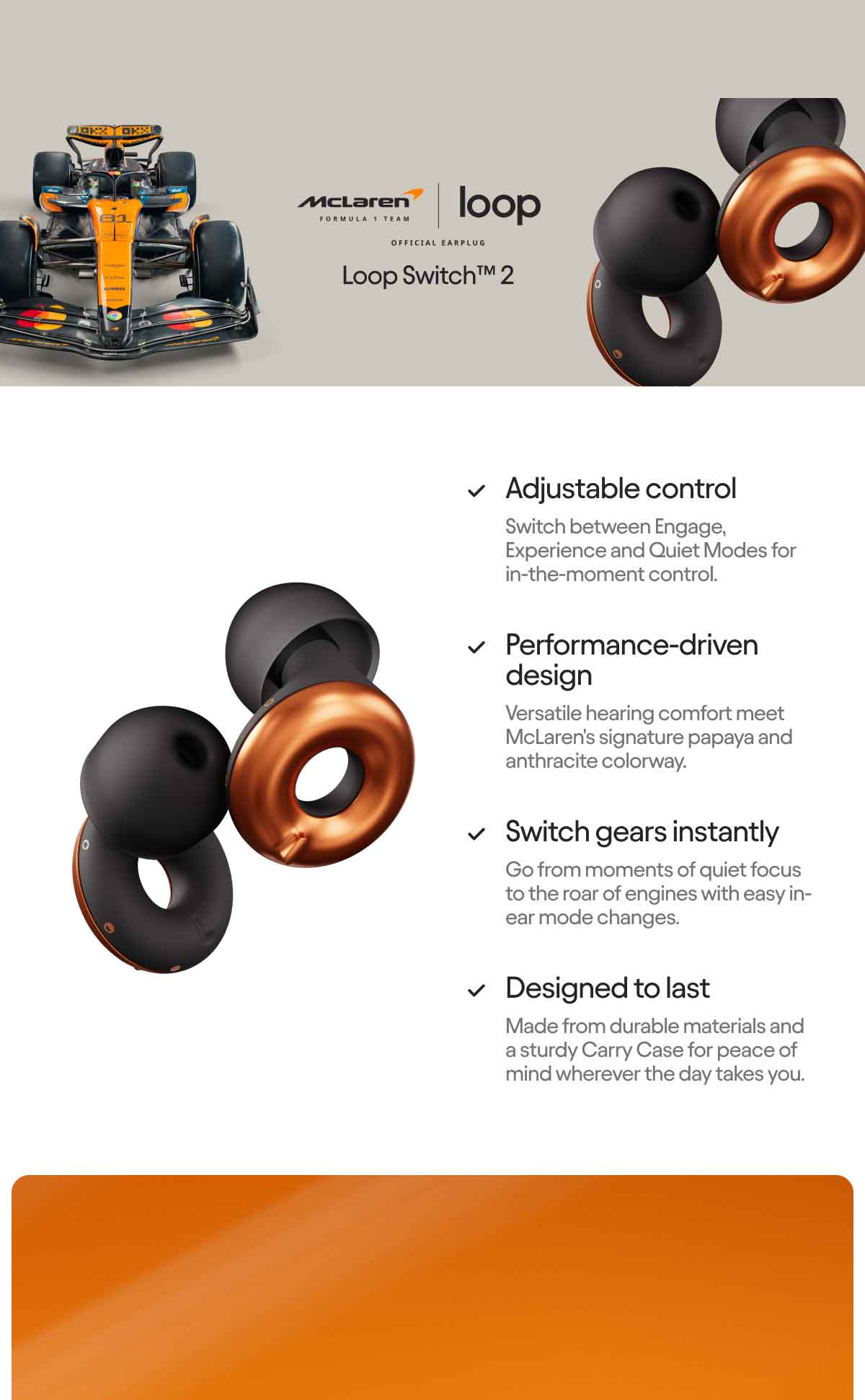 Loop Switch 2 Earplugs X McLaren F1 Team - 3 Noise Relief Modes for ...