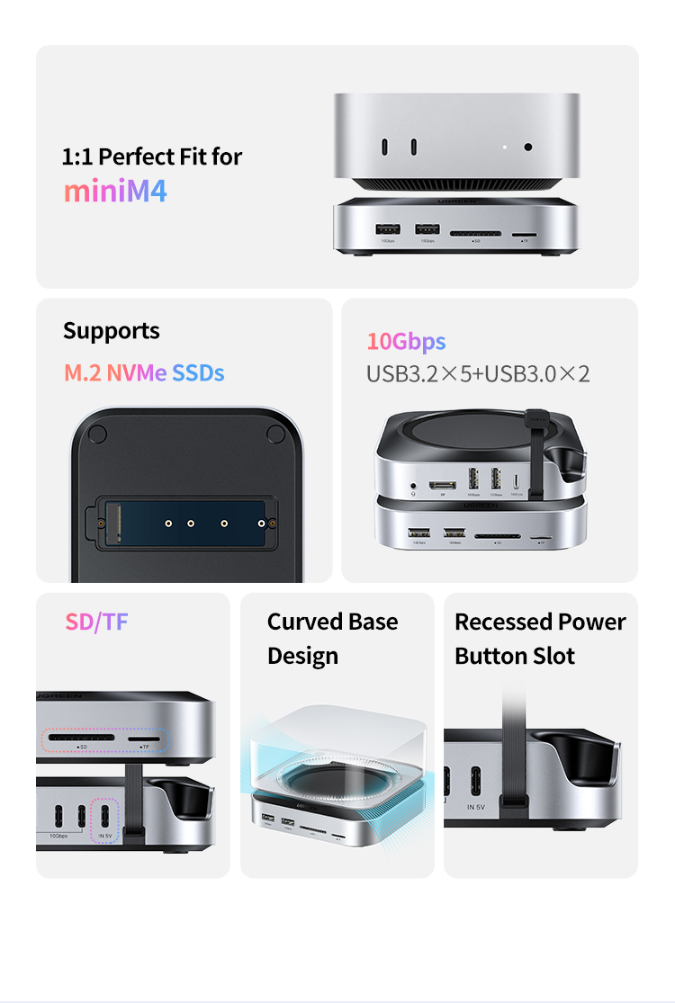 UGREEN Mac mini M4 Dock and Stand DP Hub for Mac mini M4 and M4 Pro 2024 with M.2 NVMe SSD ...