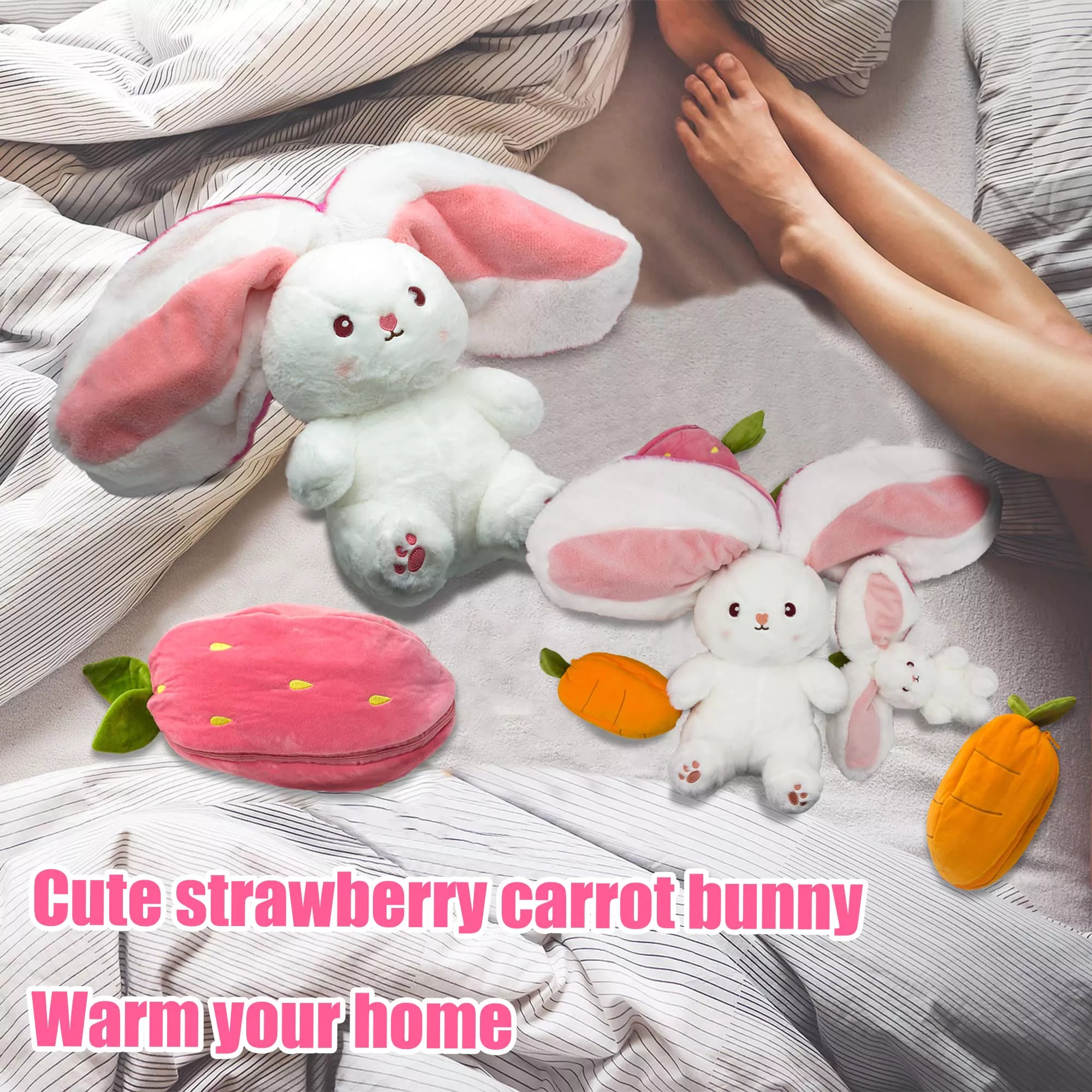 2 in 1 Cute Strawberry Rabbit Reversible Plush Toy Cute Bunny Long Ear ...