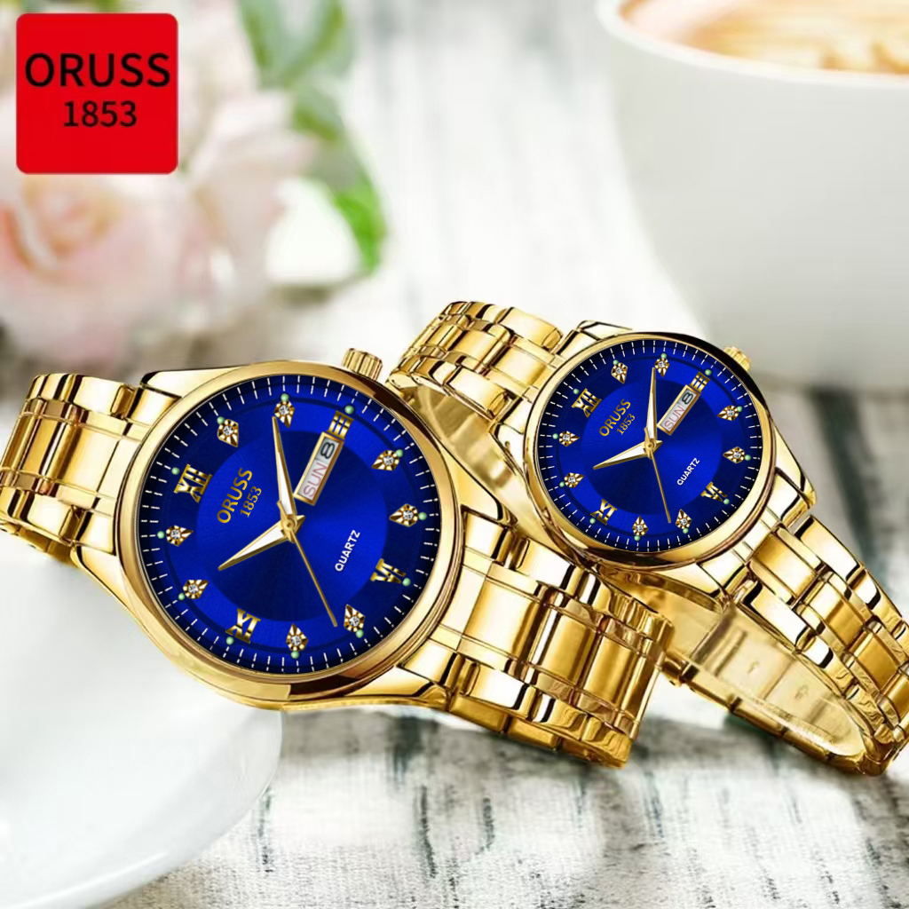 ORUSS Original 2 Pcs Couple Dual Calendar Blue Dial Luxury Waterproof ...