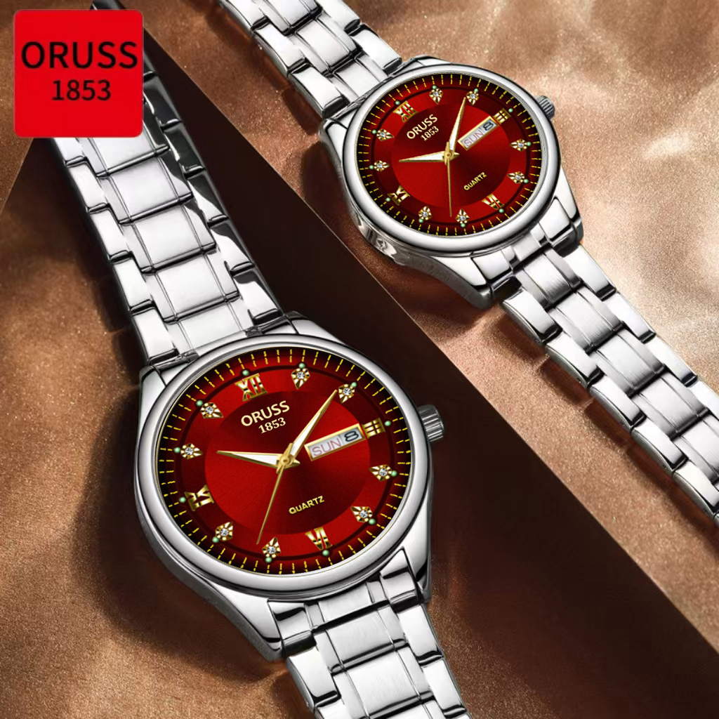 ORUSS Original 2 Pcs Couple Stainless Steel Red Dial Dual Calendar ...