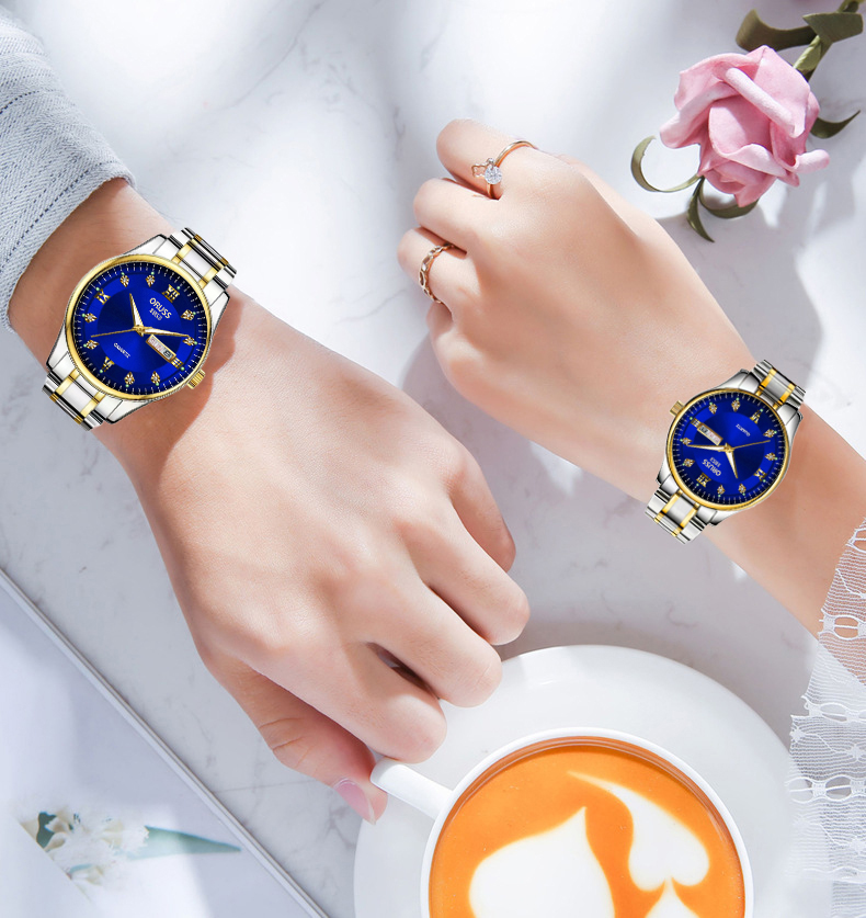 ORUSS Original 2 Pcs Couple Stainless Steel Red Dial Dual Calendar ...