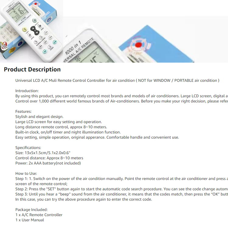 K-1028E Universal Remote Control Air Conditioner 1000-in-1 Compatible ...