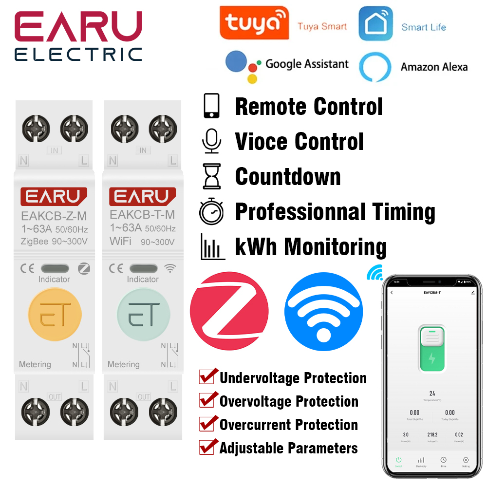 Work withs Tuya WiFi Zigbee Smart Circuit Breaker MCB 1P+N 63A Power ...