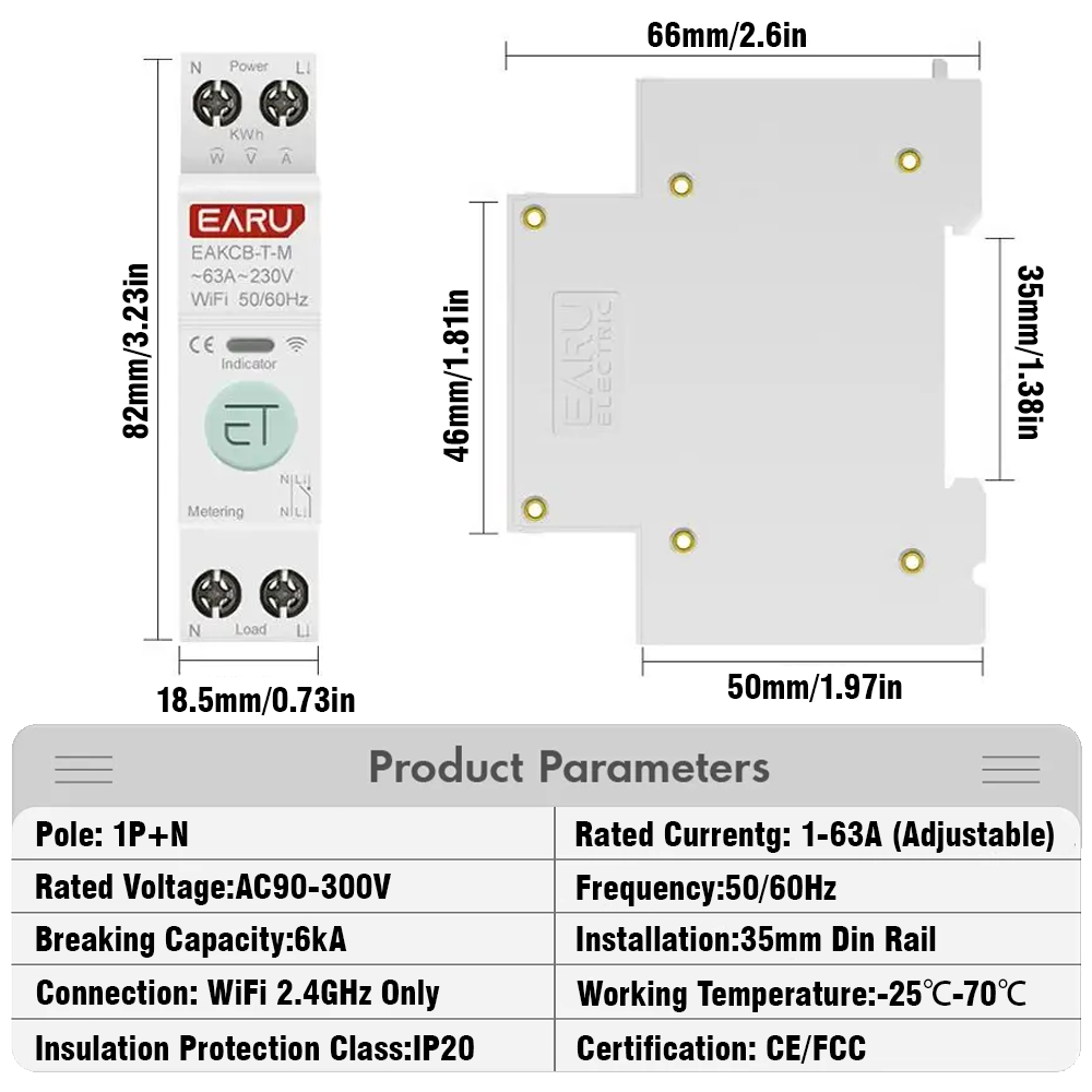Work withs Tuya WiFi Zigbee Smart Circuit Breaker MCB 1P+N 63A Power ...