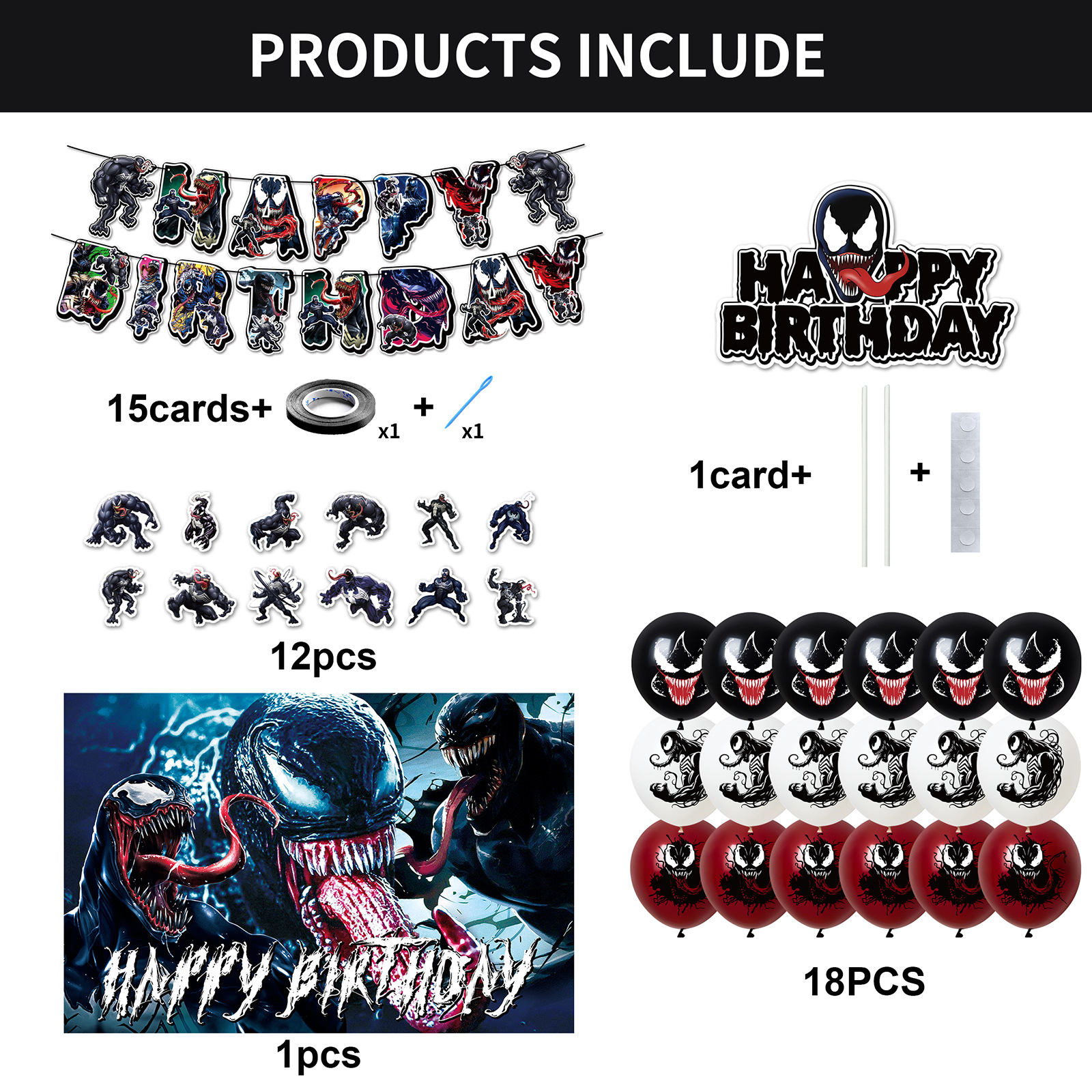 Venom Theme Party Decoration Kids Birthday Banner Cake Topper Balloon ...
