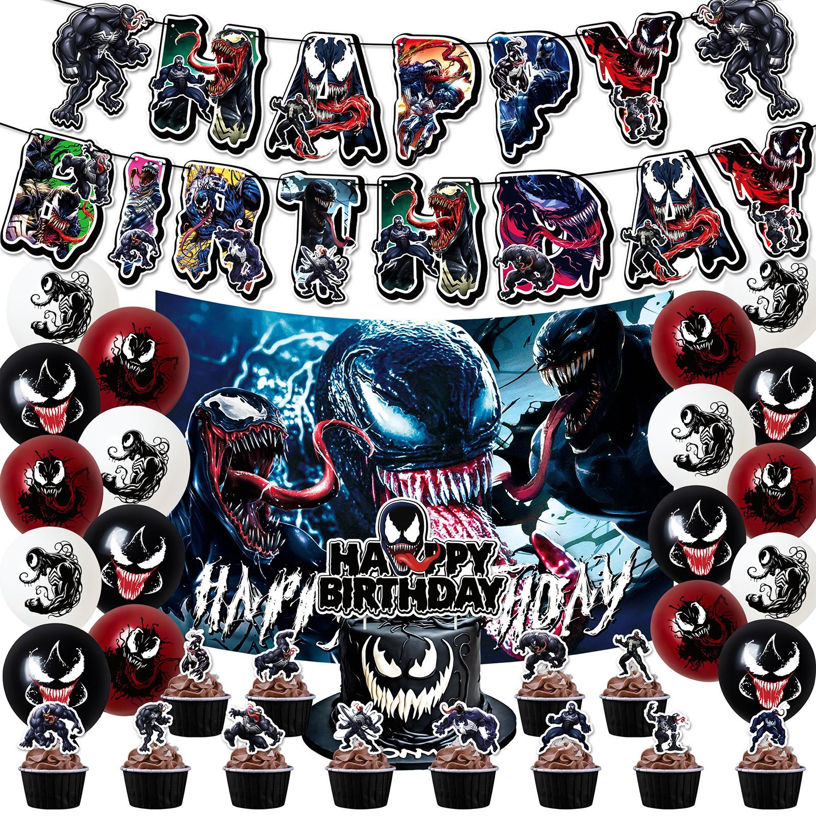Venom Theme Party Decoration Kids Birthday Banner Cake Topper Balloon ...