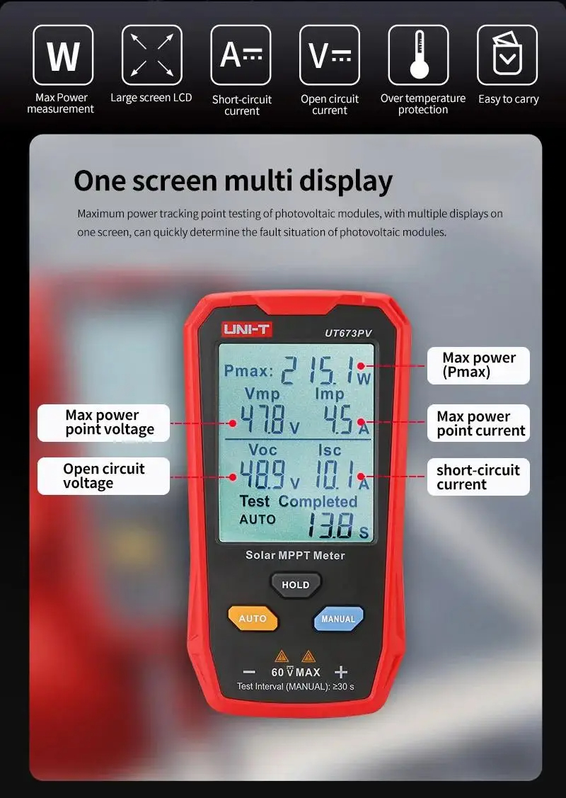 UNI-T UT673PV Solar MPPT Meter 5~800W PV Module Meter Voltage Current ...