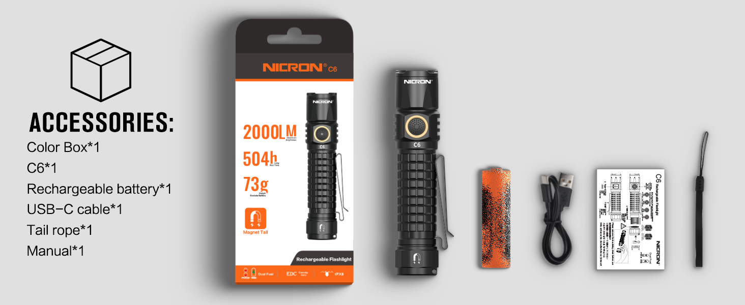 NICRON C6 2000 Lumen EDC Flashlight with 379 meters Long Range Beam,USB ...