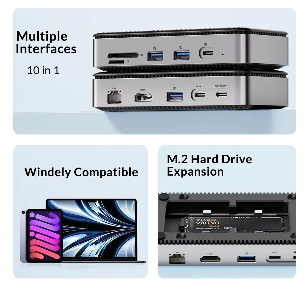 HIXERO 2In1 M.2 NVMe SSD Enclosure Case With USB C HUB 10Gbps NVMe HUB ...