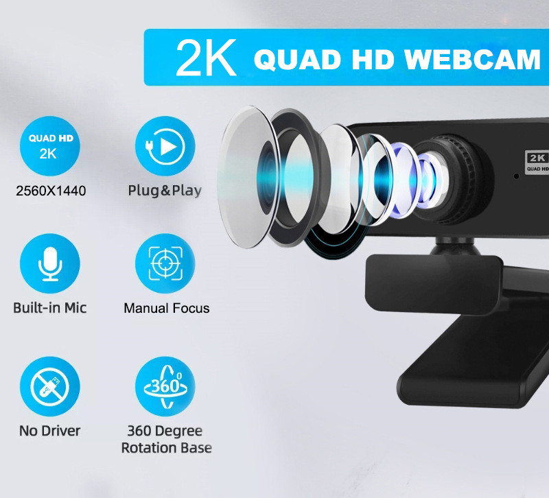 HD 2K QUAD Webcam USB Camera with Built in Microphone Suitable for Live ...