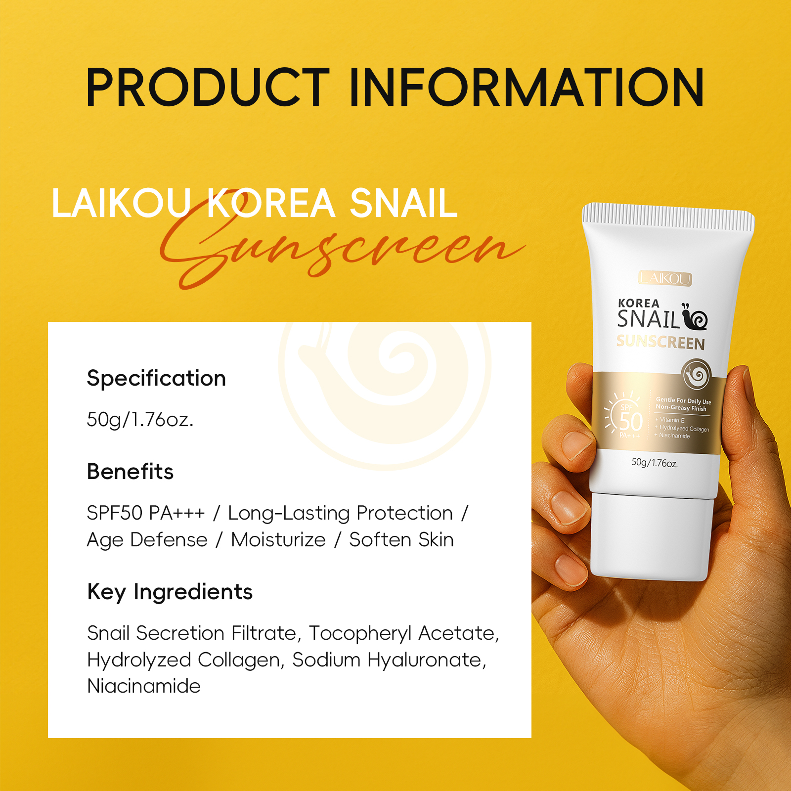 LAIKOU Korea Snail Sunscreen SPF50 PA+++ Non-Greasy Long-Lasting Protection Age Defense 50g ...