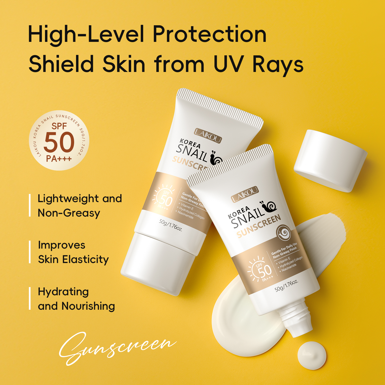LAIKOU Korea Snail Sunscreen SPF50 PA+++ Non-Greasy Long-Lasting ...