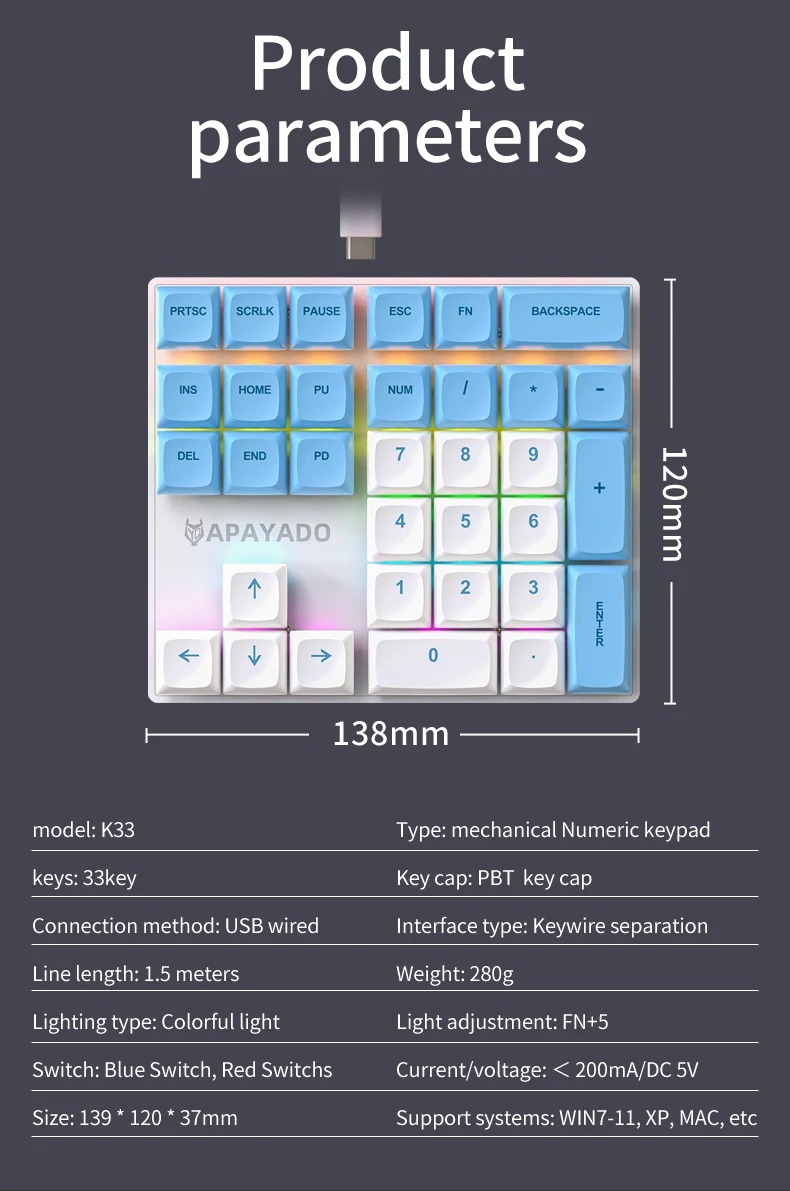 APAYADO K33 Mini Numeric Keyboard 33Keys Blue Mechanical Shaft RGB PBT ...
