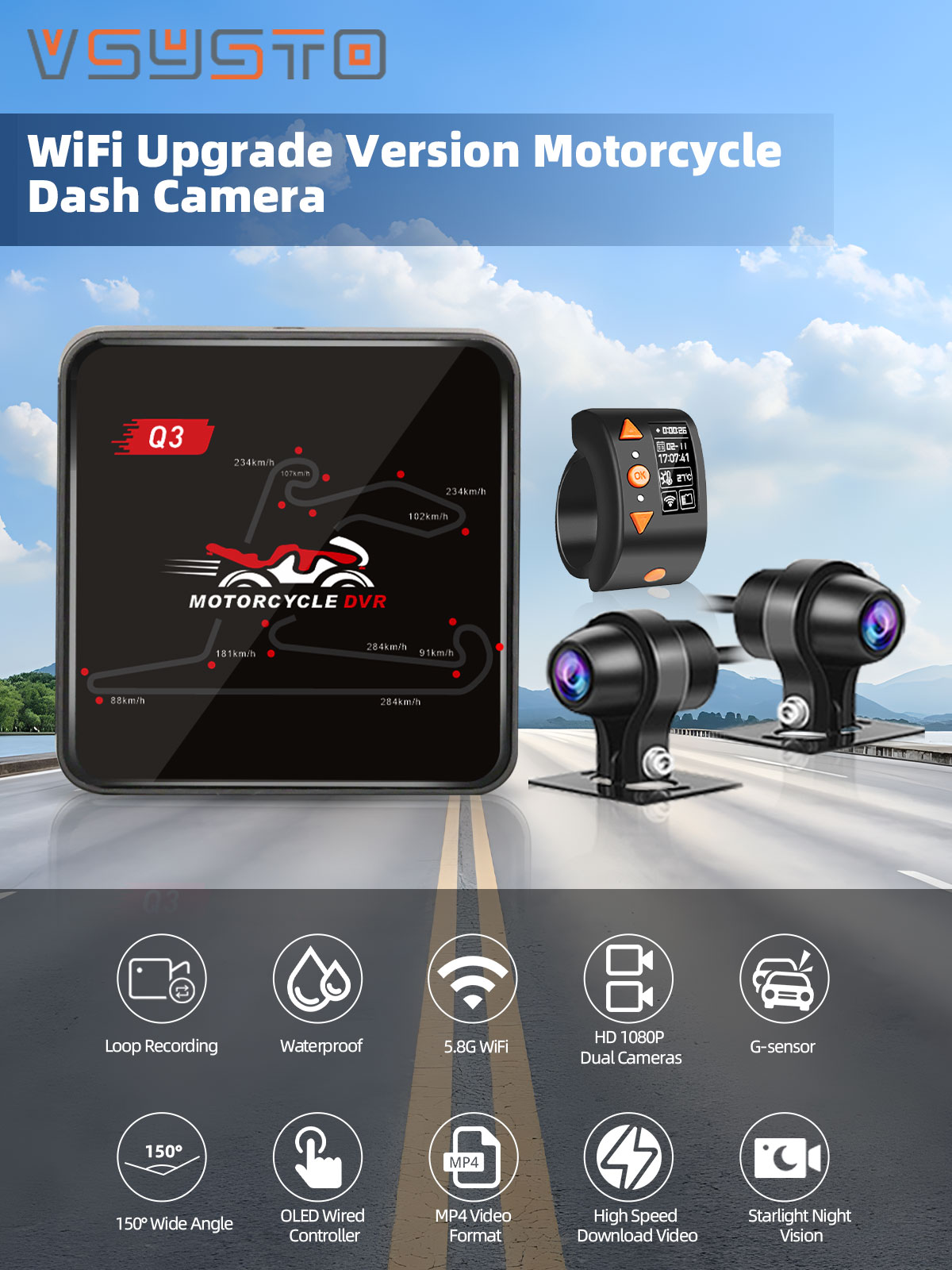 VSYS Q3 PRO 5G WIFI High-speed Motorcycle Camera Dual 1080P Dual-lens ...