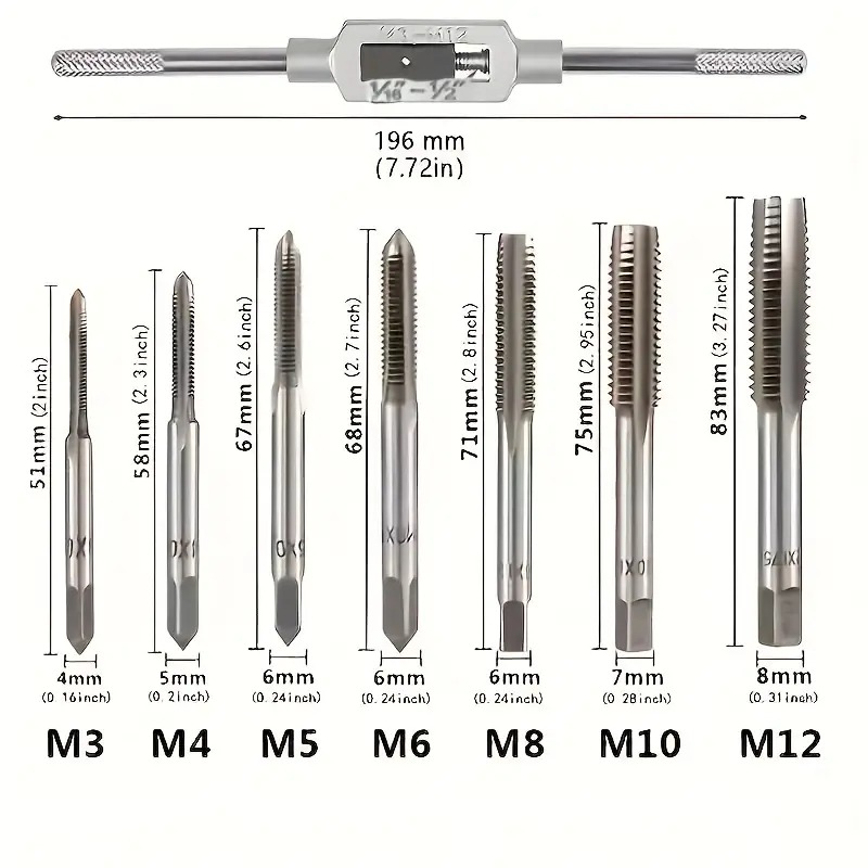 8-Piece Hand Tap Set - M3 to M12 Metric Taper Plug Drill Bit Kit ...