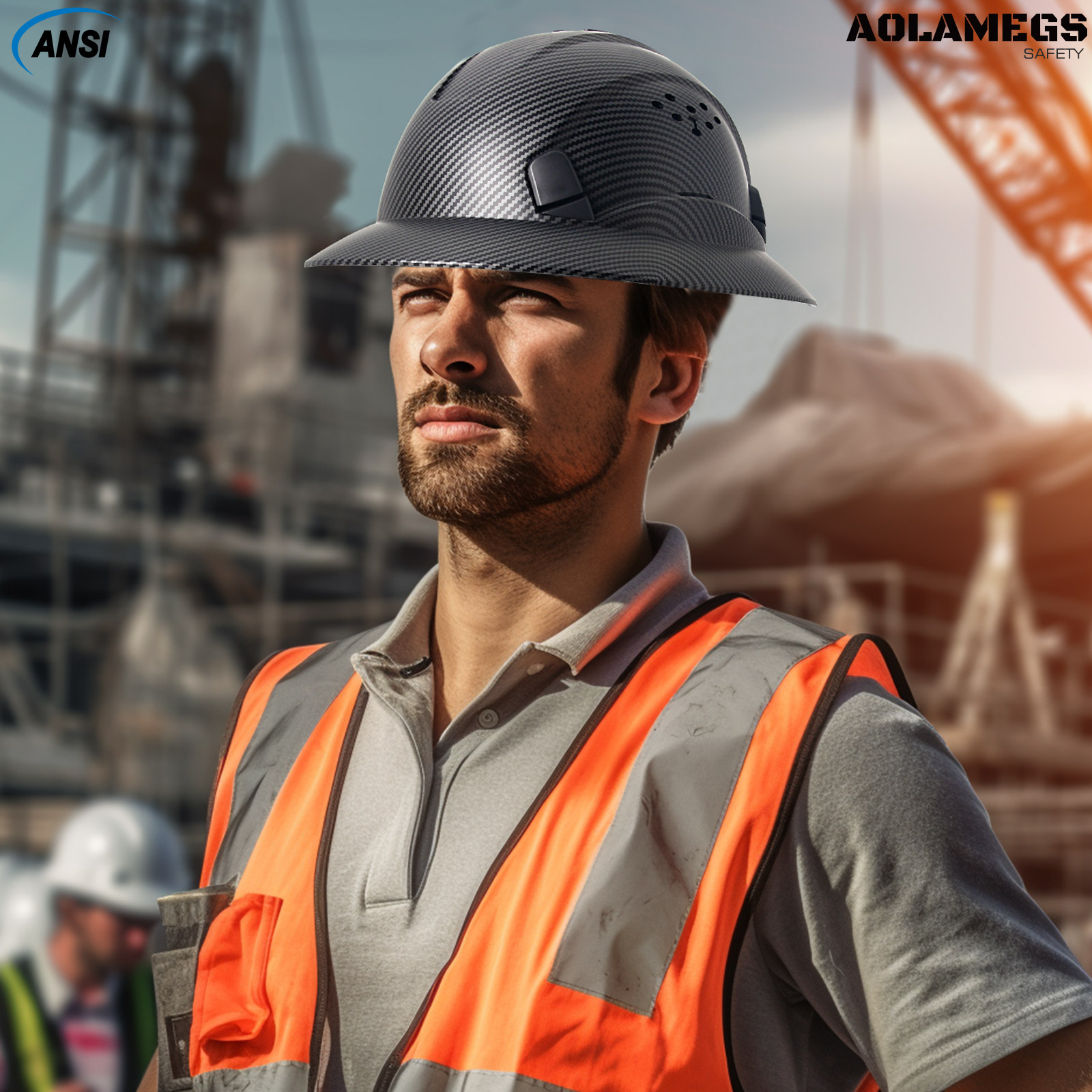 AOLAMEGS ANSI Carbon Fiber Full Brim Safety Helmet CE Construction Hard ...