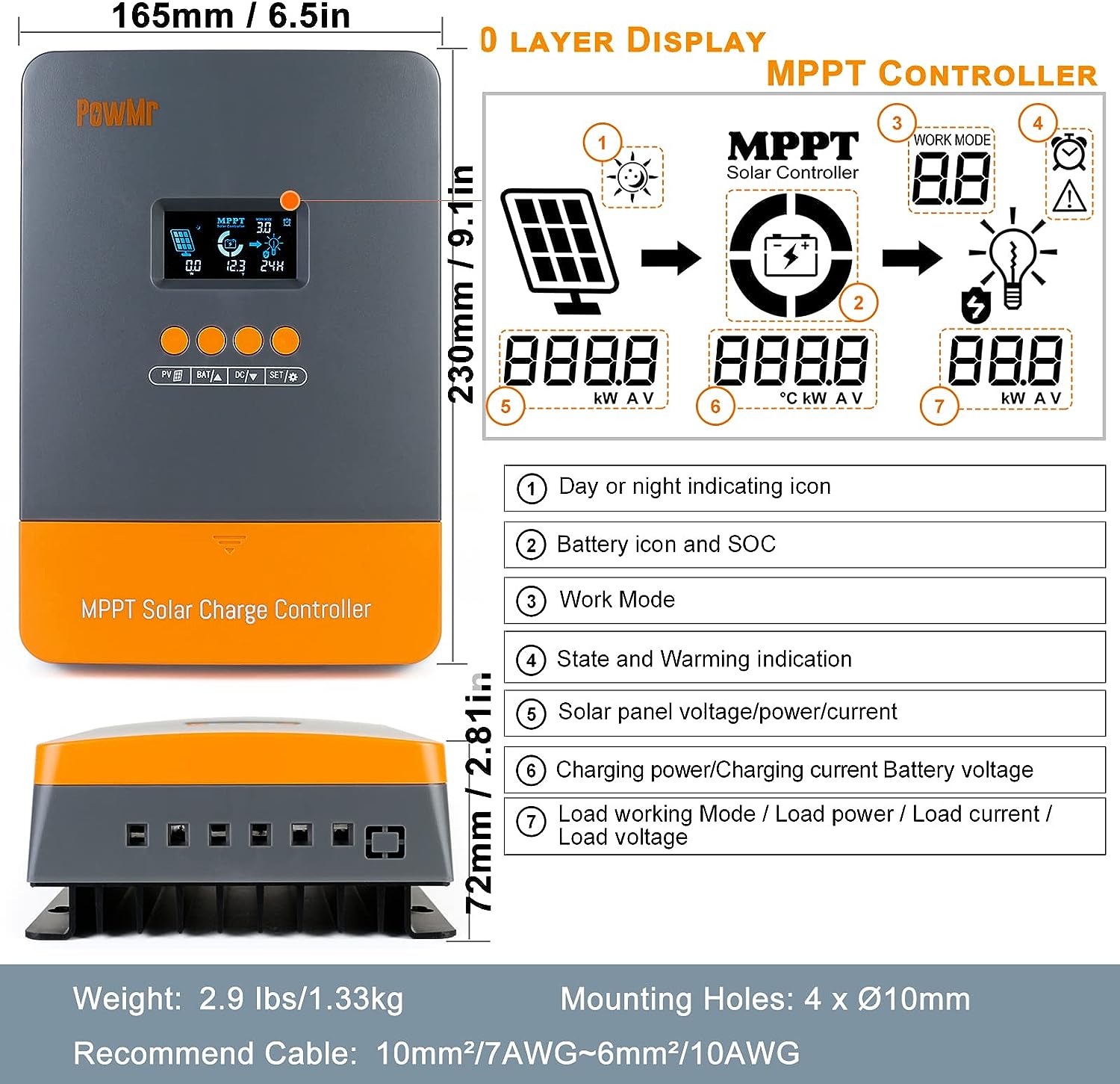 PowMr MPPT 60A Solar Charge Controller 12V/24V/ 36V/48V Automatic LCD Regulator with Backlight ...