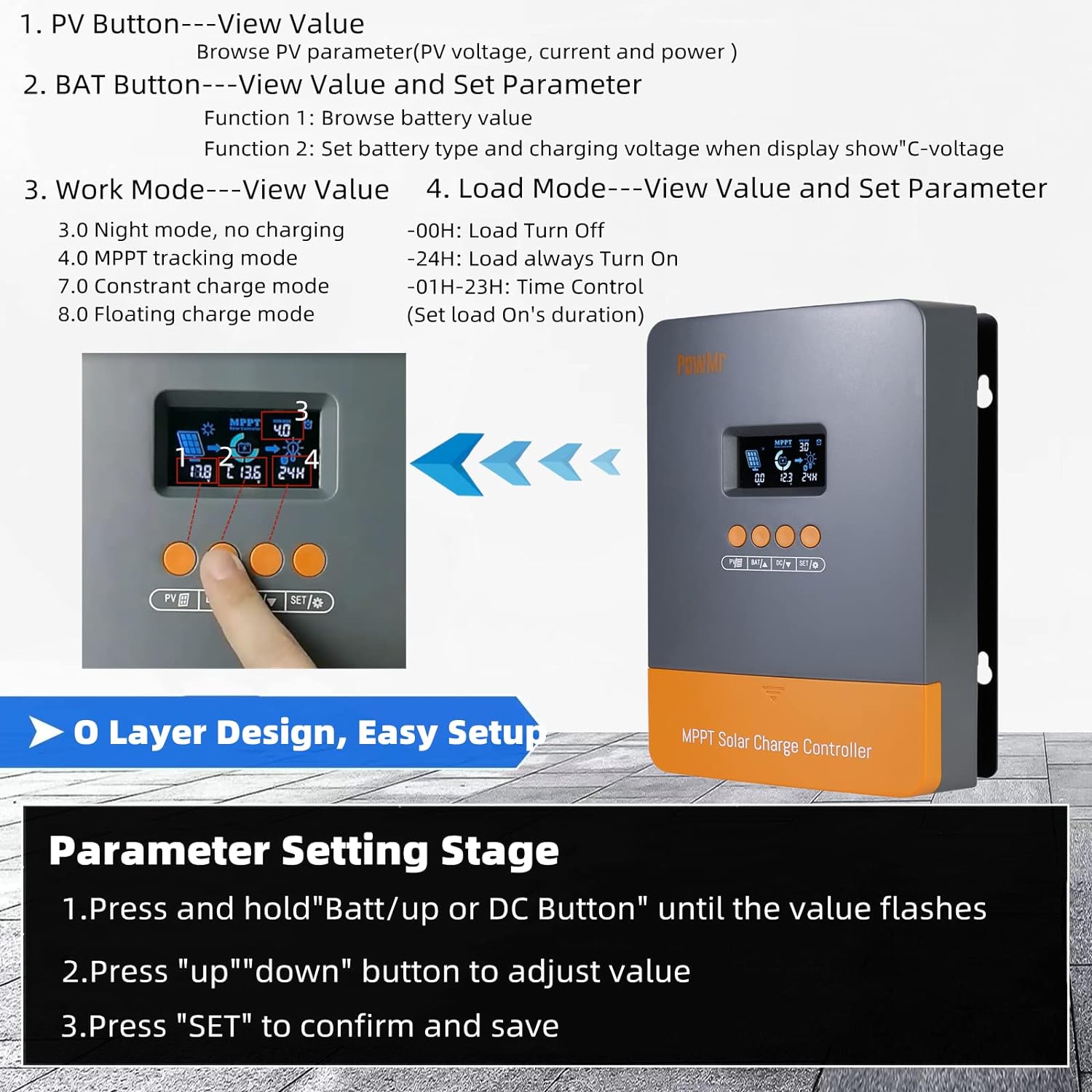 PowMr MPPT 60A Solar Charge Controller 12V/24V/ 36V/48V Automatic LCD Regulator with Backlight ...